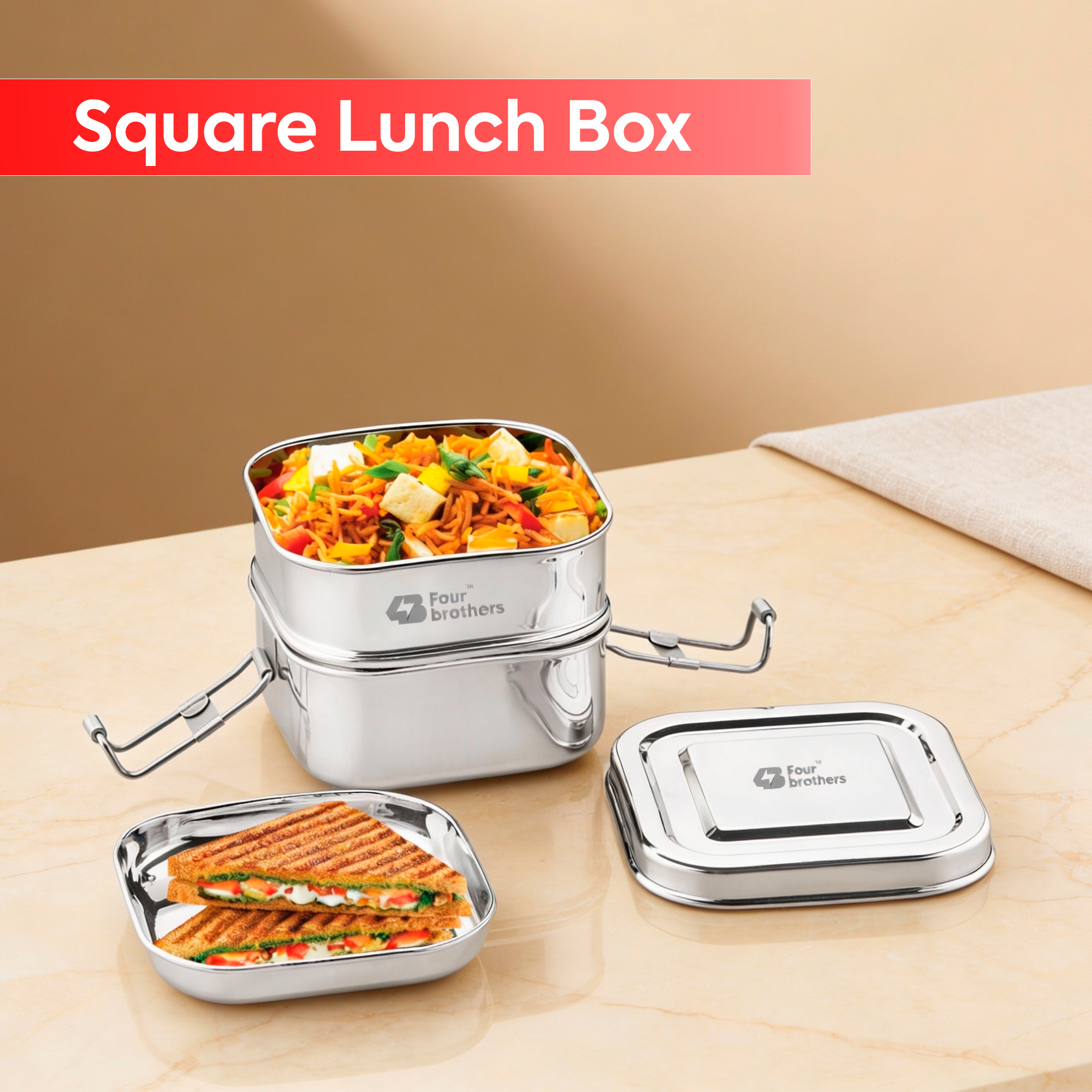 Square Lunch Box – Double Decker (100% Stainless Steel) – Four Brothers